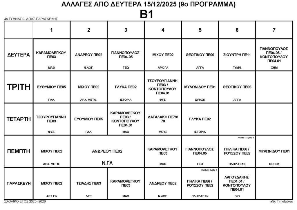ΠΡΟΓΡΑΜΜΑ ΜΑΘΗΜΑΤΩΝ ΑΠΟ 16/12-19/12/2025 | 4ο Γυμνάσιο Αγίας Παρασκευής